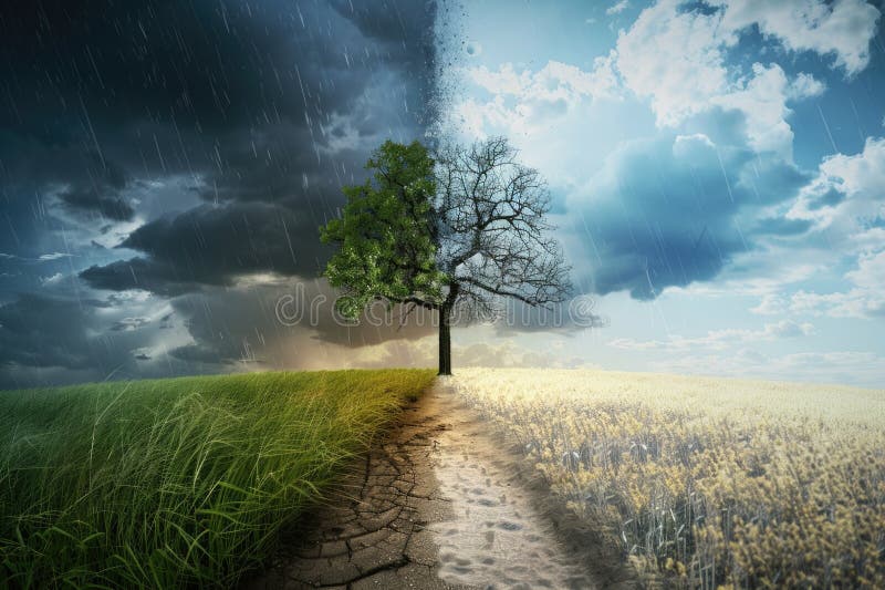 Seasonal Duality: Tree at the Cusp of Summer and Winter Stock Photo ...