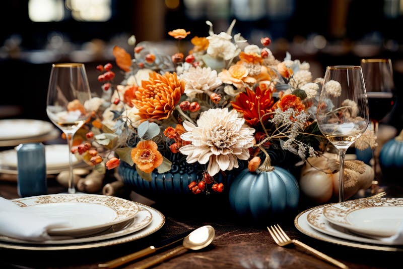 Seasonal Fall Table Setting with Small Pumpkins for Celebration ...