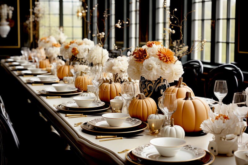 Seasonal Fall Table Setting with Small Pumpkins for Celebration ...