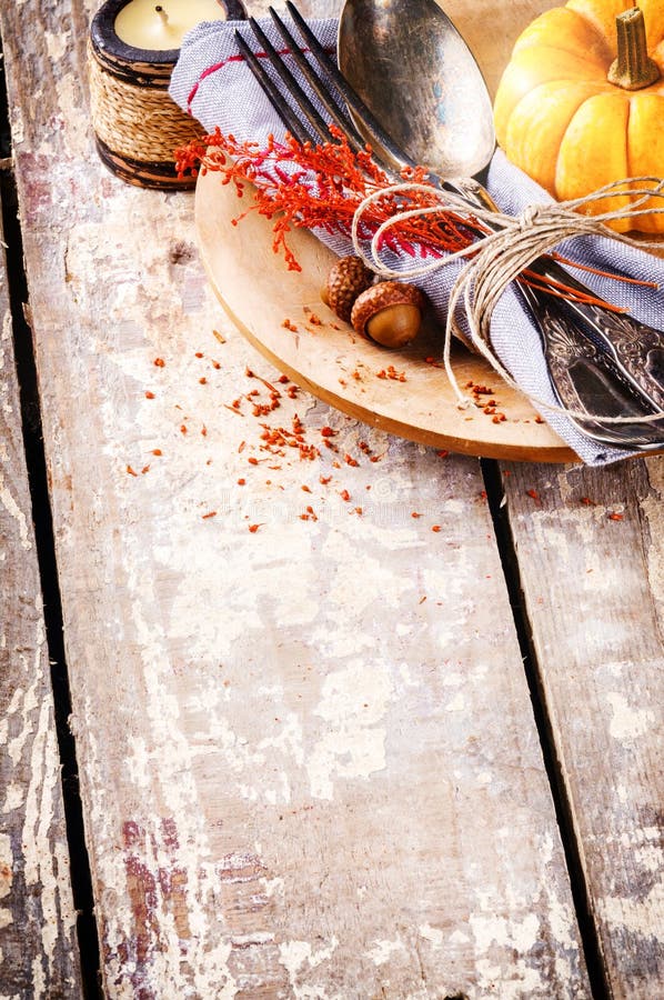 Seasonal Table Setting with Small Pumpkins Stock Photo - Image of ...