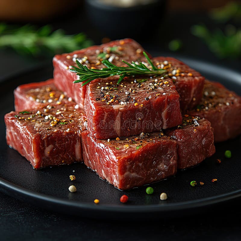 Seasoned Beef Cubes, Dark Plate, Kitchen, Recipe Stock Photo - Image of ...