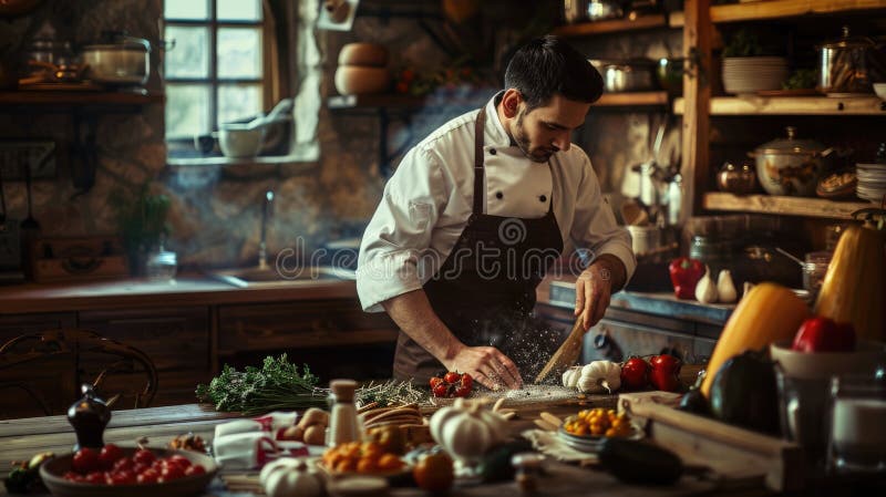 Experienced Chef Cooking with Fresh Ingredients in Rustic Kitchen ...