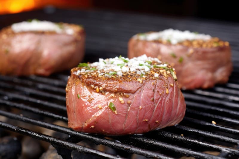 Seasoned Filet Mignon Grilling, Salt Visible Stock Image - Image of ...