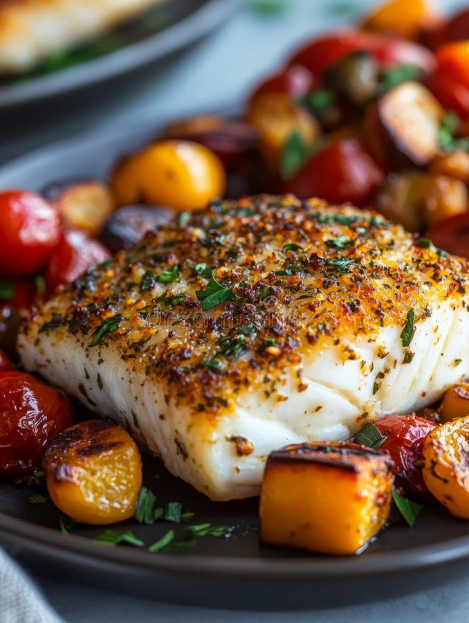 Seasoned Fish with Roasted Vegetables on a Plate. Stock Image - Image ...