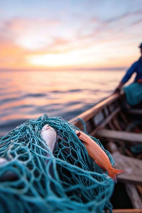 A Seasoned Fisherman Skillfully Pulls in a Net Full of Fish while the ...