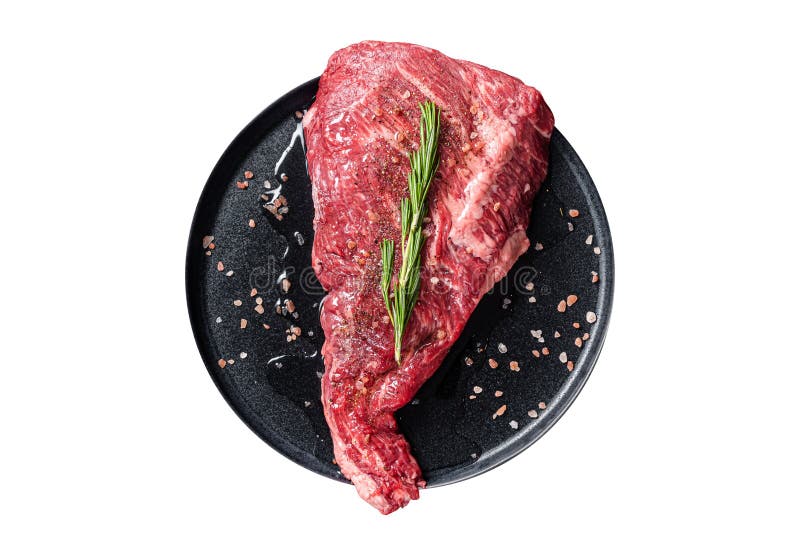 Seasoned Raw Tri-tip Beef Meat Steak on Plate. Isolated on White ...