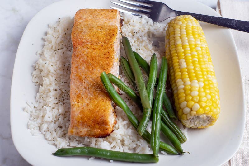 Seasoned Salmon Served with Rice Stock Image - Image of string, onion ...
