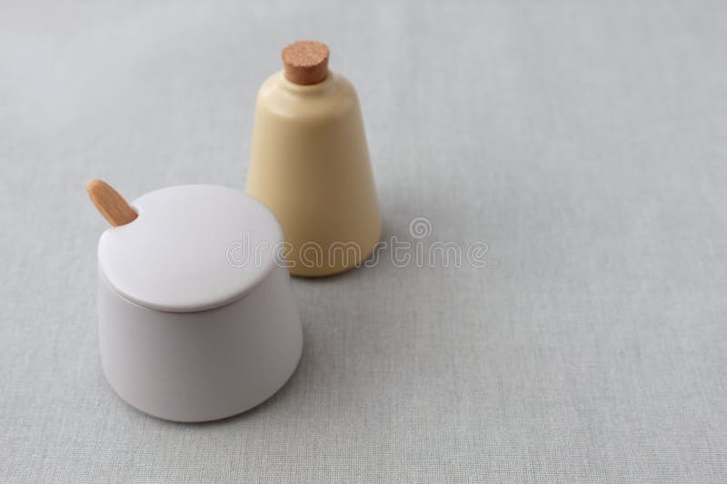 Seasoning Containers on Table Stock Image - Image of cuisine, text ...