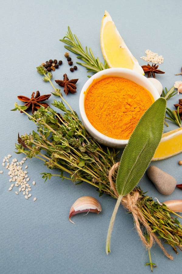 Seasoning Kari and a Bunch of Fresh Thyme on a Light Blue Pastel Stock ...