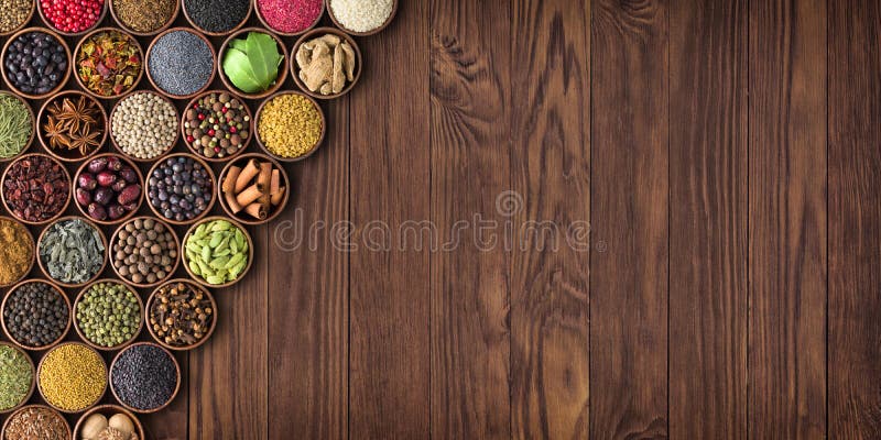 Large Set of Spices on a Wooden Table, Top View Stock Image - Image of ...