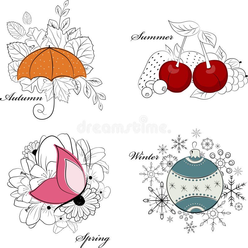 The Four Seasons in Cartoon Hand Drawn Pictures Stock Vector ...