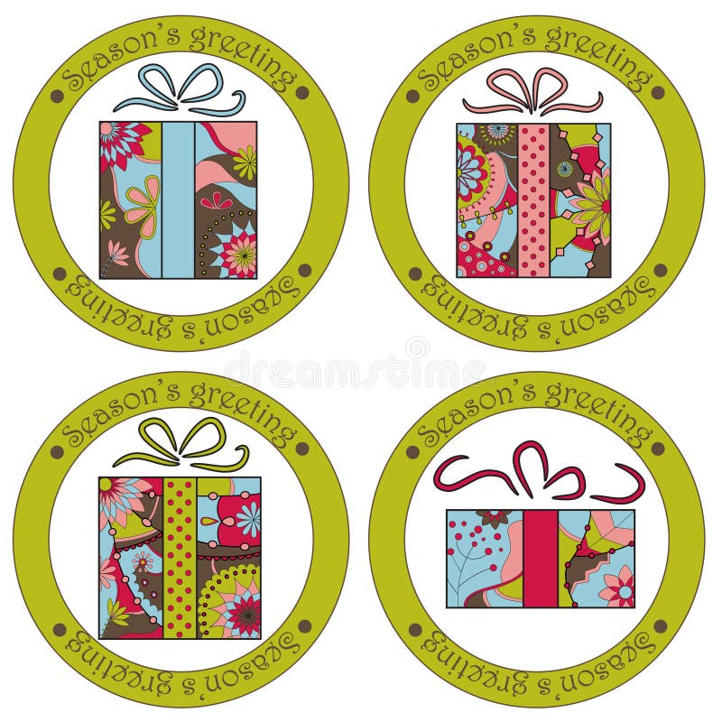 Seasons Greeting Stickers with Christmas Gifts Stock Illustration ...