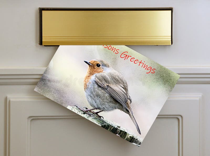 Seasons Greetings Card in the Post - Robin Design Stock Photo - Image ...