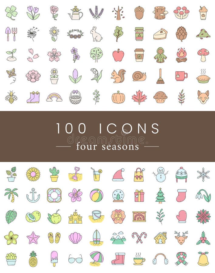 100 Vector Icons Set Four Seasons Elements Stock Vector - Illustration ...