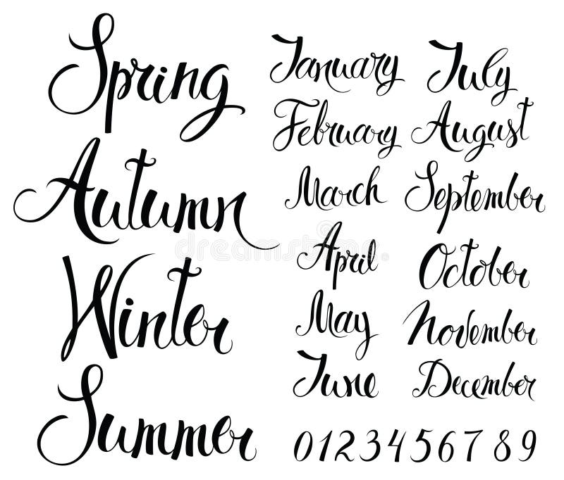 Seasons, Months, and Numbers Stock Vector - Illustration of handwritten ...