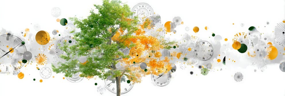 Seasons Transition: Half Green Half Orange Tree Surrounded by Abstract ...