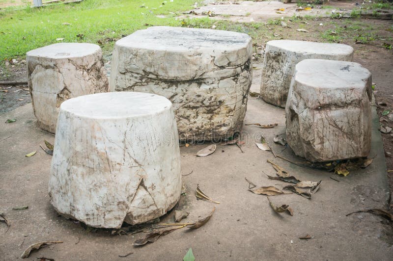 Seat Group Natural Stone Consists of Table and Stools. Stock Photo ...