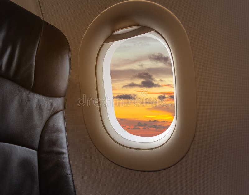 Seat and Plane Window with Beautiful Blue Sky. Stock Image - Image of ...
