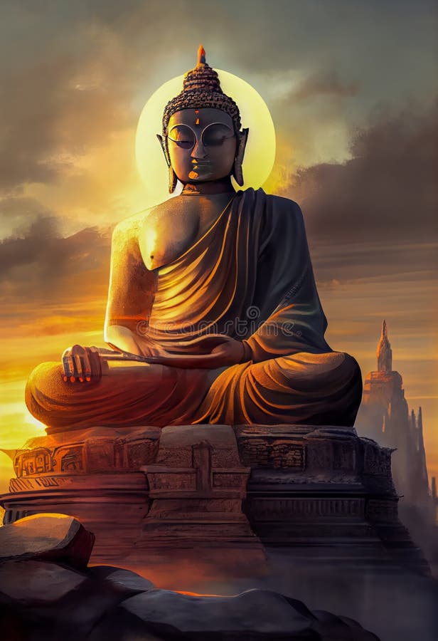 Seated Buddha Looking at the Sun at Dawn. Ia Generative. Stock ...