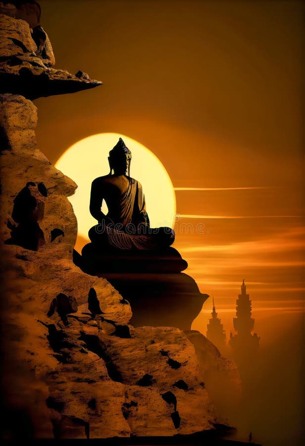 Seated Buddha Looking at the Sun at Dawn. Ia Generative. Stock ...