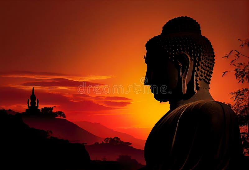 Seated Buddha Looking at the Sun at Dawn. Ia Generative. Stock ...