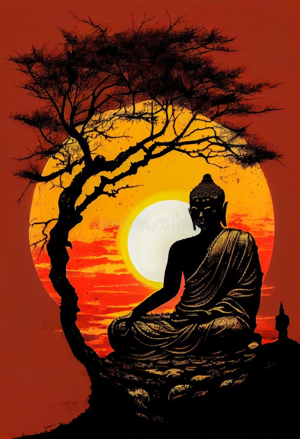 Seated Buddha Looking at the Sun at Dawn. Ia Generative. Stock ...
