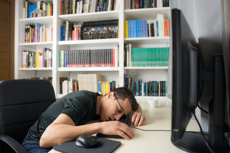 Man Asleep on the Computer Keyboard Stock Photo - Image of caucasian ...
