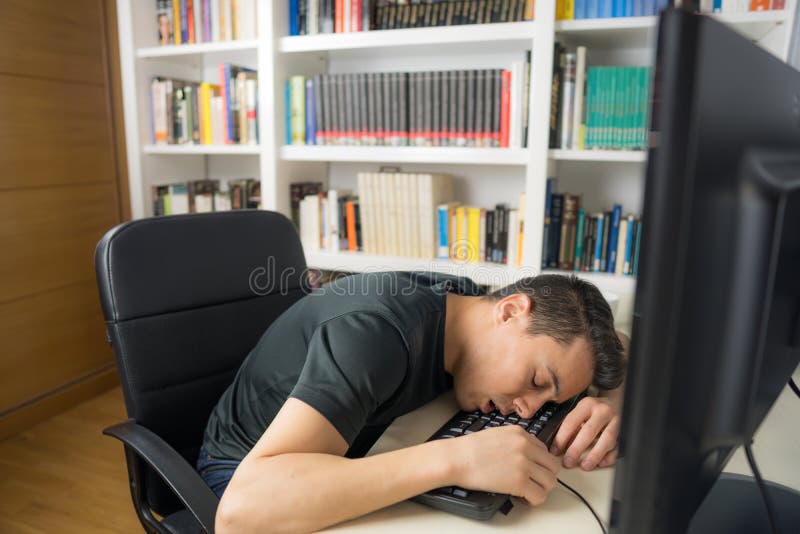 Man Asleep on the Computer Keyboard Stock Image - Image of computer ...