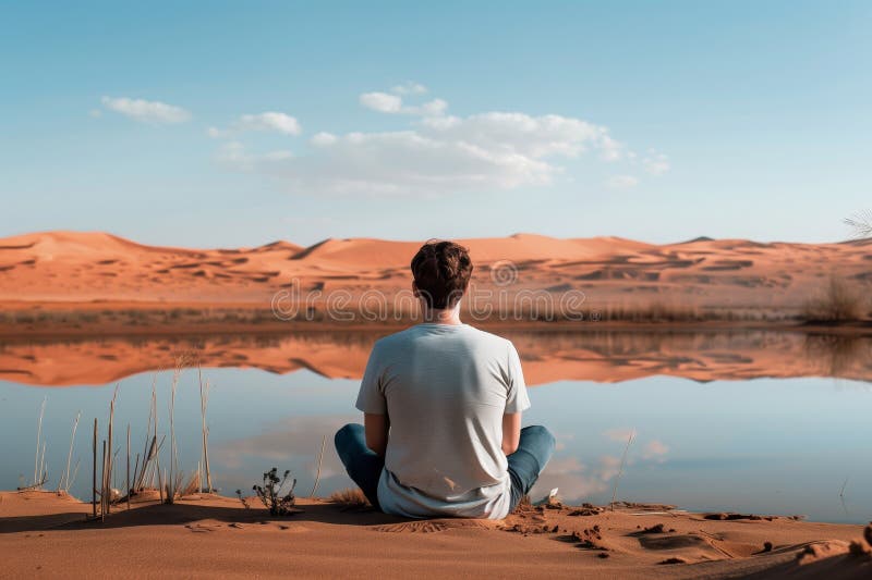 Seated Man in Front of a Tranquil Desert Mirage Reflecting the Sky ...