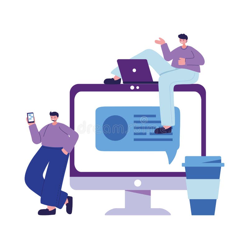 Seated Men with Smartphone Laptop and Computer Chatting Vector Design ...