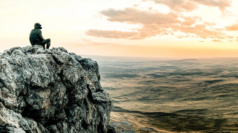 Seated on a Rock, a Baboon Looks Out at the Sunset Over the Terrain ...