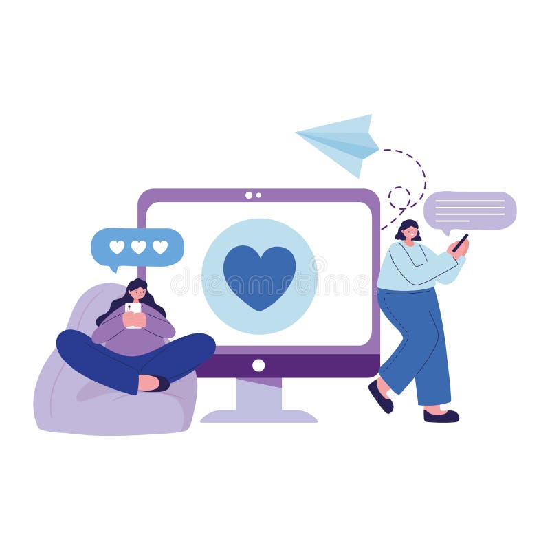 Seated Women with Smartphone and Computer Chatting Vector Design Stock ...