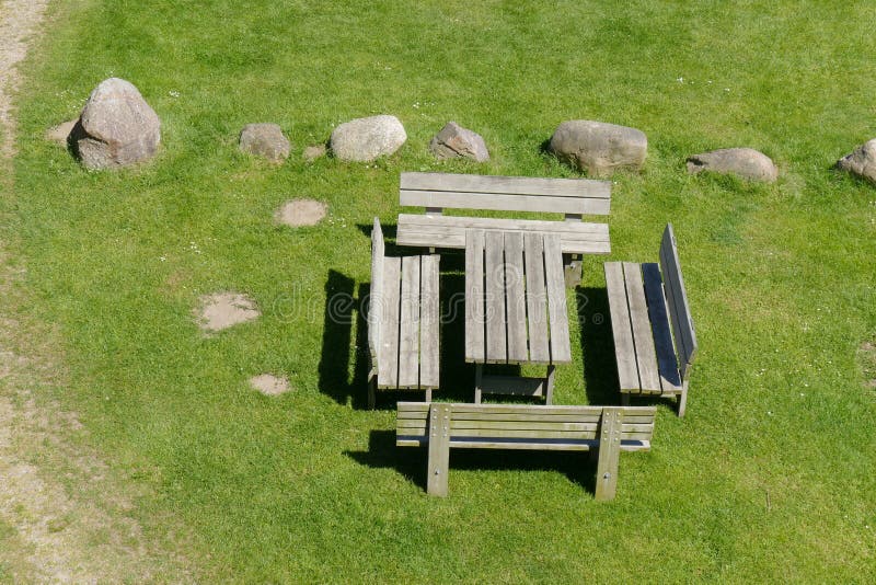 Bird`s Eye View Of A Wooden Bench In The Park Stock Image - Image of ...