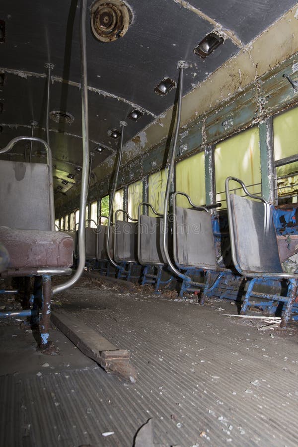Peeling Seats and Debris Inside Abandoned Trolley Car Stock Image ...