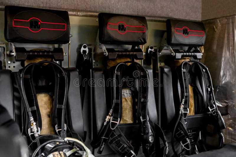 Seats for Firefighters in a Firetruck. Interior View of a Fire Engine ...