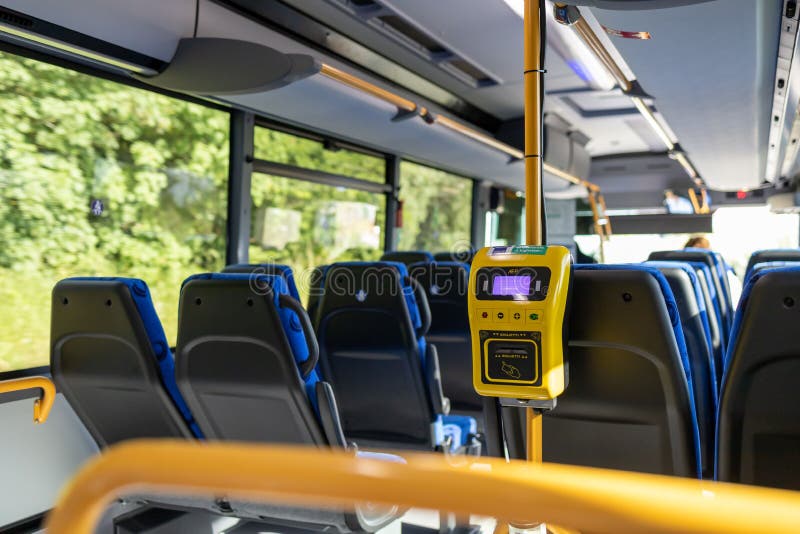 Seats and Modern Touch Payment Terminal in a Local Bus Stock Image ...