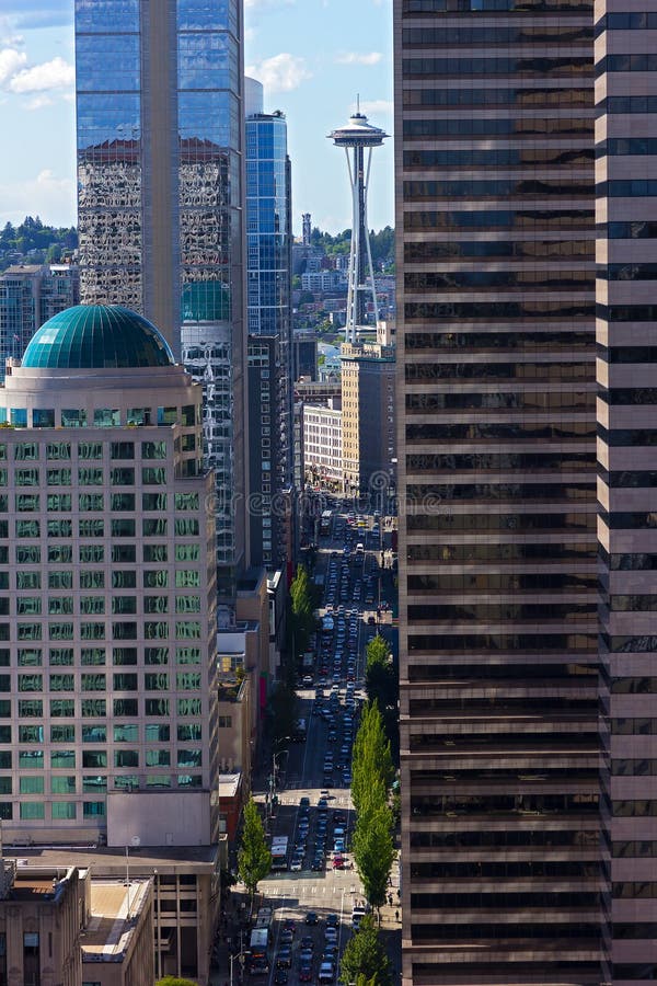 Seattle City Skyline with Mount Rainier on Background in Summer. Stock ...