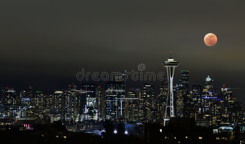 Seattle Downtown at Night with Lunar Eclipse Editorial Stock Image ...