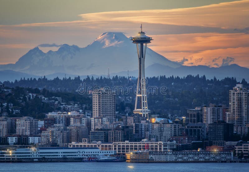 Amazing View of Seattle from Far Away with Mountain Tops on the Horizon ...