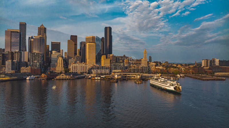 Seattle Ferry Terminal Shows Seattle Ferry &.Seattle Skyline at Sunset ...