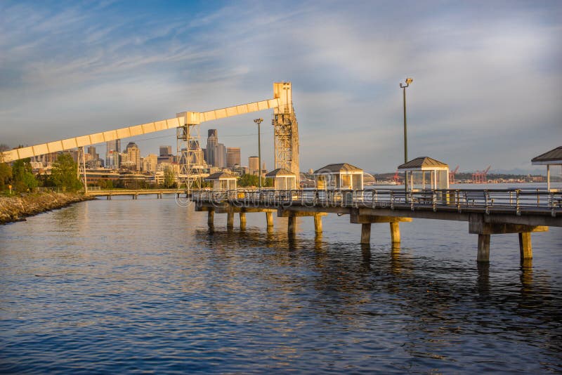 Seattle Fishing Pier at Sunset Stock Photo - Image of puget, sound ...
