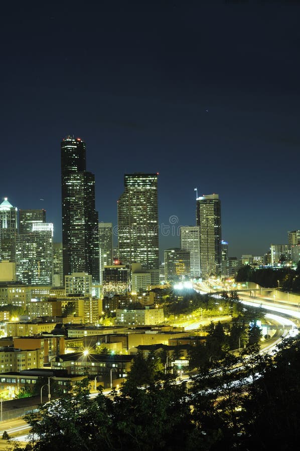 Seattle skyline at night stock image. Image of buildings - 15545955