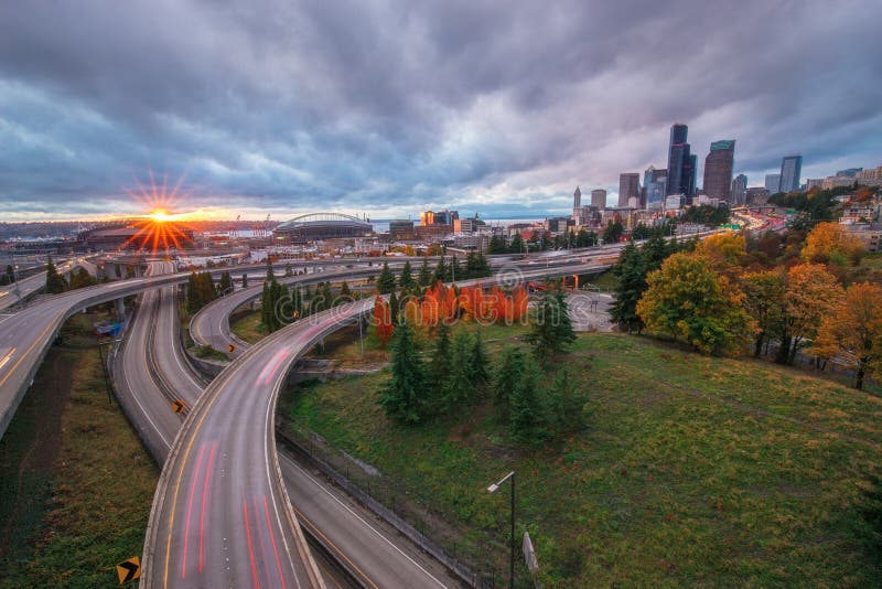 The Seattle Skyline and Freeway from Rizal Bridge Stock Photo - Image ...