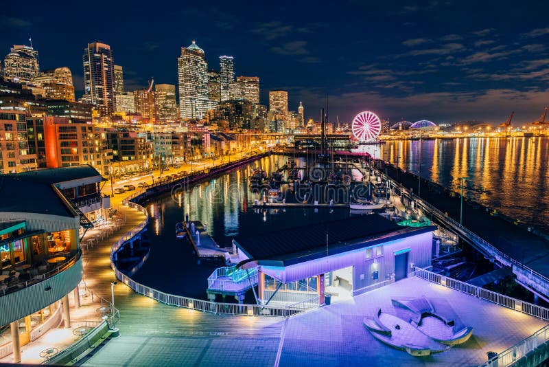Seattle Marina by night stock image. Image of construction - 109266719