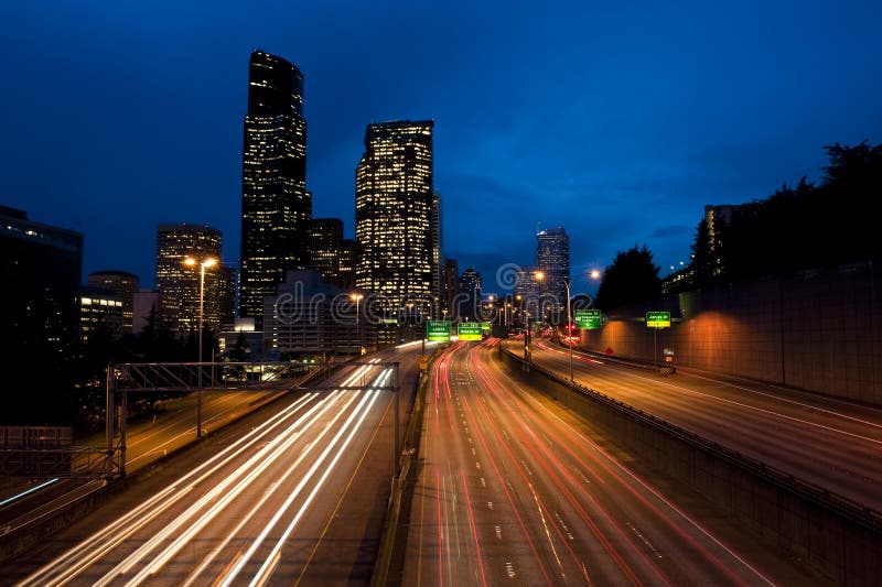 Seattle at Night stock photo. Image of lights, road, commute - 44896256