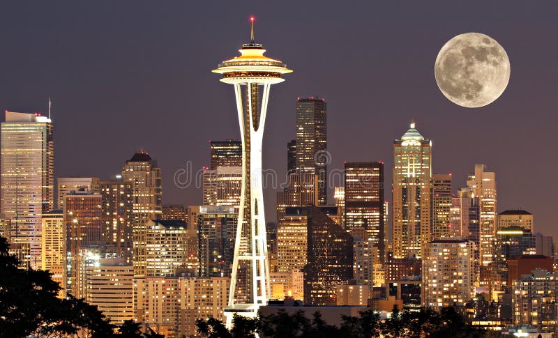 Seattle at night with moon stock image. Image of skyline - 26035591