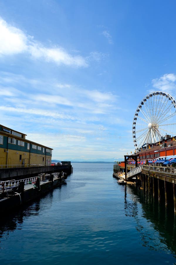 Seattle Pier stock image. Image of sunny, wheel, restaurants - 41855701