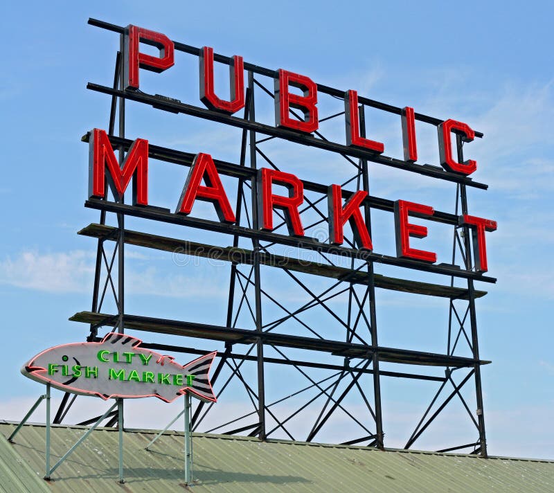 Seattle Public Market Center Sign Stock Photo - Image of coast, clock ...