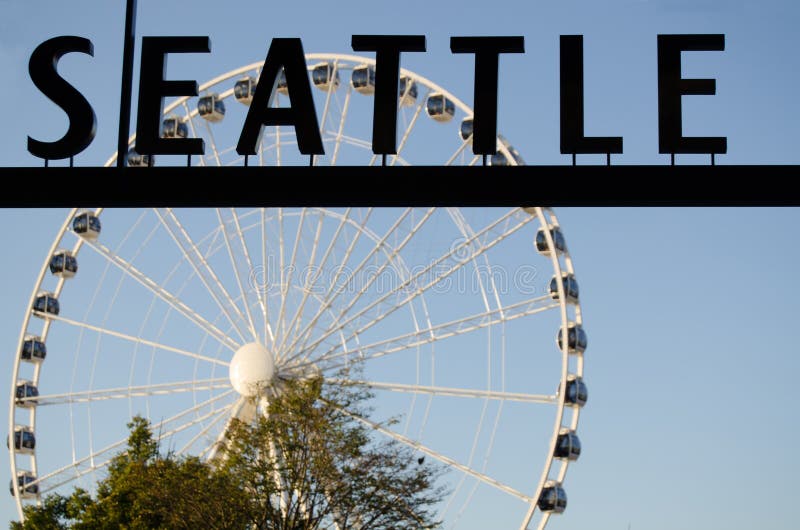 Seattle Sign and the Great Wheel Stock Image - Image of space, tourist ...