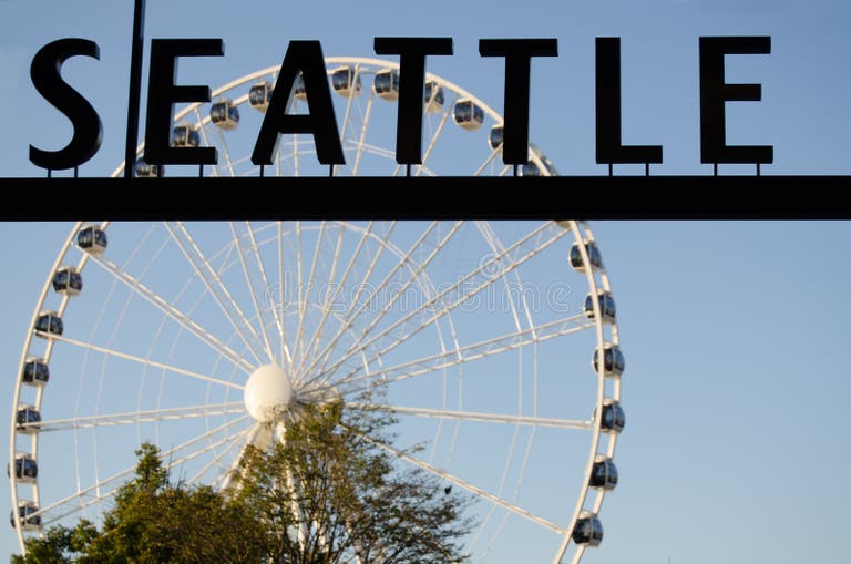 Seattle Sign and the Great Wheel Stock Image - Image of space, tourist ...